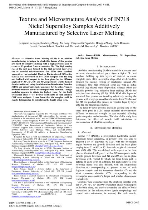 [pdf] Texture And Microstructure Analysis Of In718 Nickel Superalloy Samples Additively