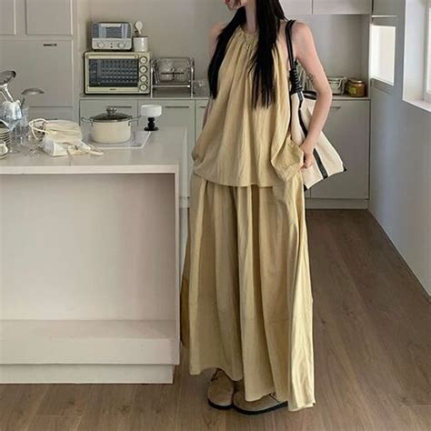 코디세트홀터넥 셔링 나시플레어 롱스커트 투피스 세트 코디룩 셋업룩 생일룩 장마룩