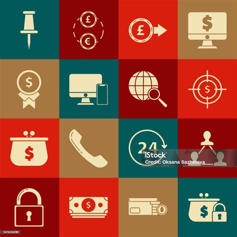 자물쇠 목표 달러 기호 동전 돈 파운드 스털링 컴퓨터 모니터 및 휴대 전화 좋은 일에 대한 보상 압정 및 돋보기 지구본 아이콘이