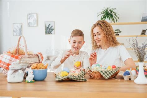 Happy Mother And Son Celebrating Easter Holidays Together Stock Image