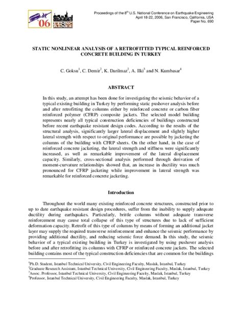 Pdf Static Nonlinear Analysis Of A Retrofitted Typical Reinforced Concrete Building In Turkey