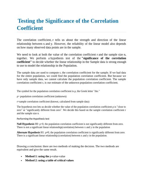 Testing The Significance Of The Correlation Coefficient Pdf