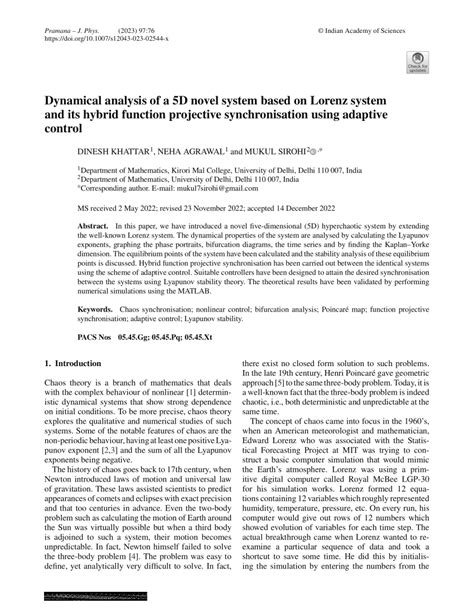Pdf Dynamical Analysis Of A 5d Novel System Based On Lorenz System And Its Hybrid Function