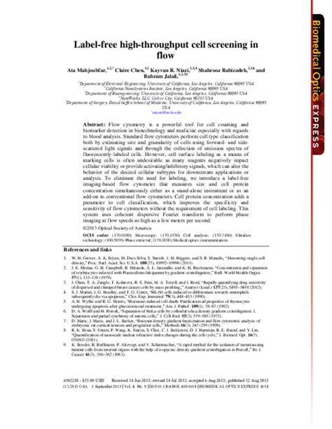 Pdf Label Free High Throughput Cell Screening In Flow