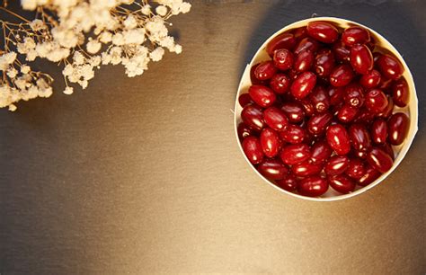 점토 그릇에 천연 건강 도그 우드 베리 비타민 콤포트 또는 차를 위한 가을 건강 식품 석고 필라 장식 복사 공간 건강한 식생활에