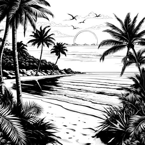 Beach Scene Clip Art Black And White