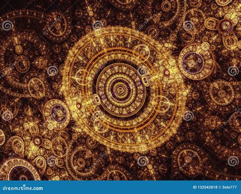 Retro Illustration With Golden Fractal Clock Decorative Round Stock