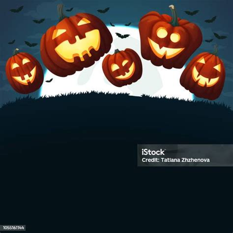 호박 잔디에 웃 고 보름달 구름 박쥐와 유령 어두운 파란색 배경 할로윈 포스터 디자인입니다 10월에 대한 스톡 벡터 아트 및 기타 이미지 Istock