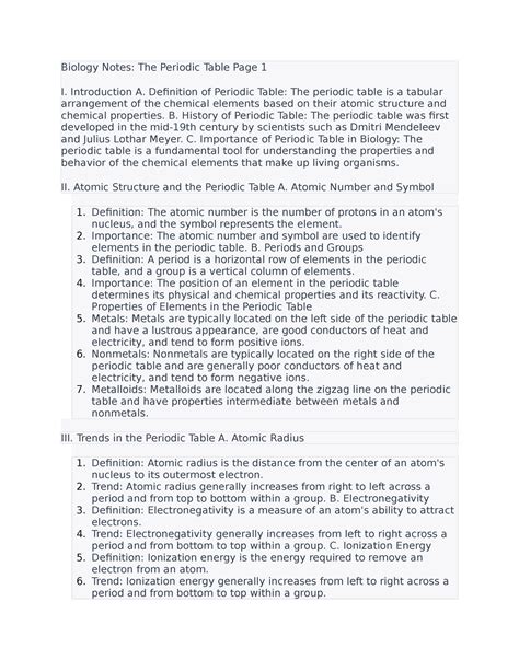 Table Notes Biology Notes The Periodic Table Page 1 I Introduction A Definition Of