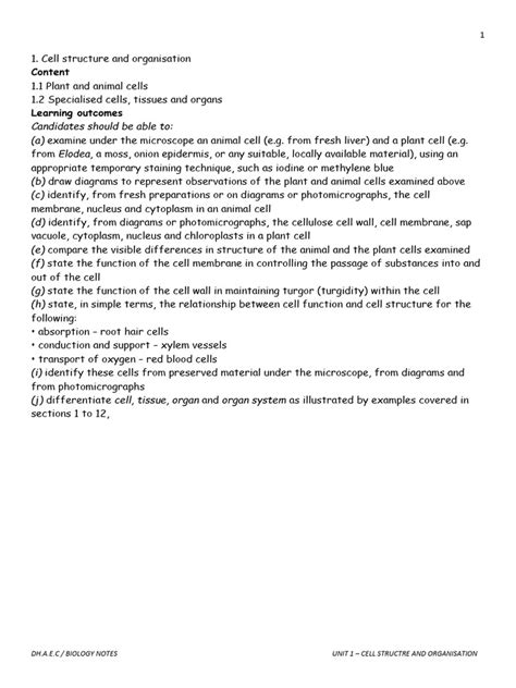 Unit 1 Cell Structure And Organisation Pdf Ploidy Meiosis