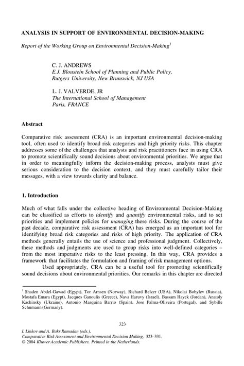 Pdf Analysis In Support Of Environmental Decision Making
