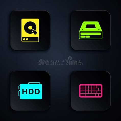 Set Keyboard Hard Disk Drive HDD And Optical Disc Black Square Button Stock Illustration