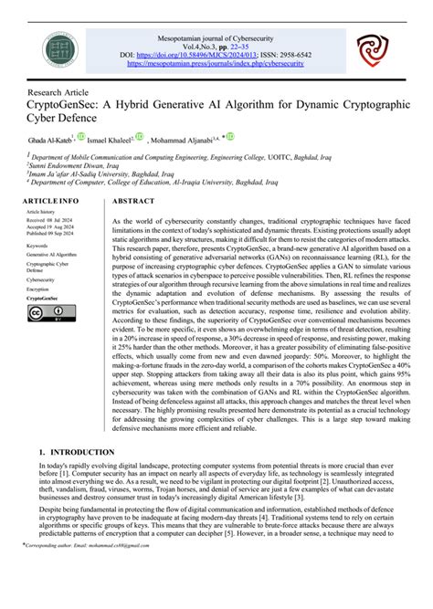 Cryptogensec A Generative Ai Algorithm For Cryptographic Cyber Defence Mesopotamian Journal