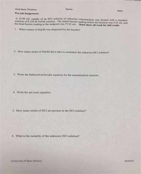 solved acid base titration name date pre lab assignment a