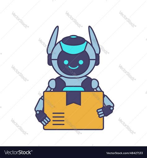 Robot Mascot Delivering Package Carrying Vector Image