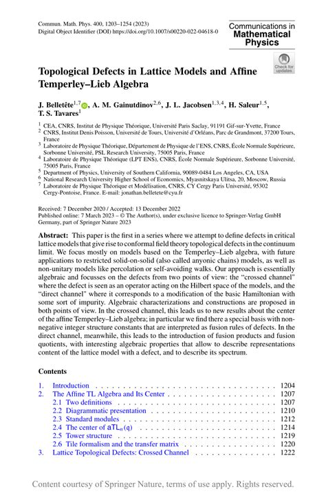Topological Defects In Lattice Models And Affine Temperleylieb Algebra Request Pdf