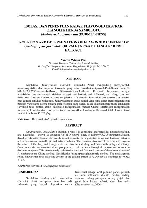 Pdf Isolasi Dan Penentuan Kadar Flavonoid Ekstrak Etanolik Herba Sambiloto Andrographis
