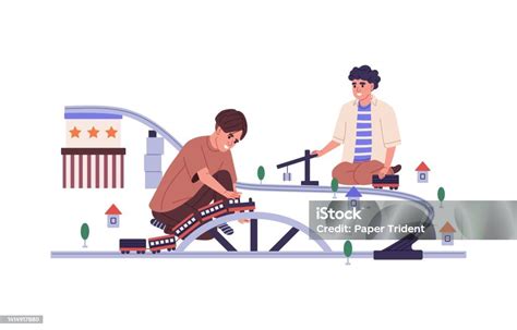 남자 친구들은 바닥에서 장난감 기차를 연주합니다 집에서 여가 시간에 작은 철도 도로를 가진 십대 어린이 철도와 함께 행복한 십대 아이들 흰색 배경에 격리된 플랫 벡터
