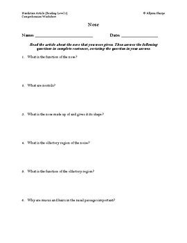 Nose Article Reading Level Comprehension Worksheet By Allyssa Sharpe
