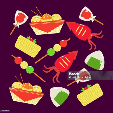 일본 길거리 음식 튀긴 문어 주먹밥 꼬치 케이크 과자 및 계란말이의 음식 패턴 길거리 음식에 대한 스톡 벡터 아트 및 기타 이미지 길거리 음식 낙서 드로잉 다중 색상