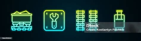 세트 라인 석탄 기차 마차 철도 수리 철도 철도 트랙 및 여행 가방 빛나는 네온 아이콘 벡터 Crash Site에 대한 스톡