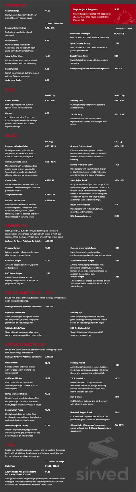 Menu For The Peppery In Sonora Ca Sirved