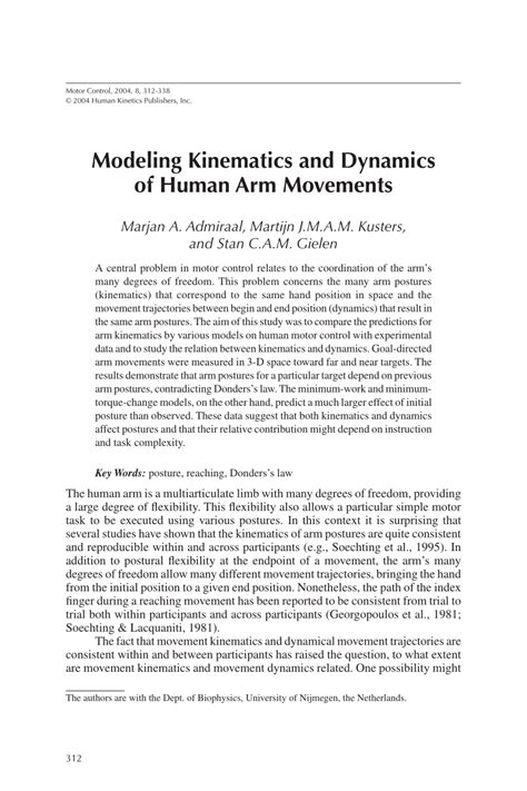 Pdf Modeling Kinematics And Dynamics Of Human Arm Movements