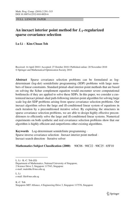 PDF An Inexact Interior Point Method For L Regularized Sparse Covariance Selection