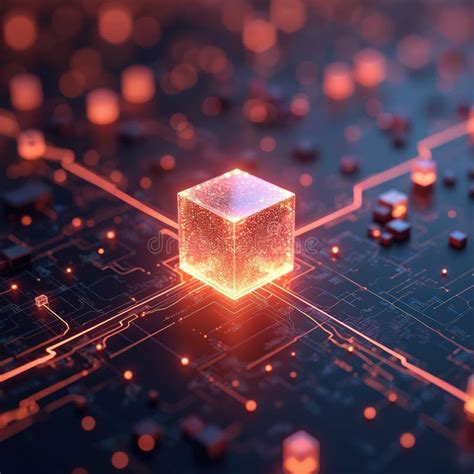 Advanced Tech Concept Glowing Cube On Circuit Board Digital Data