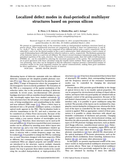 Pdf Localized Defect Modes In Dual Periodical Multilayer Structures Based On Porous Silicon