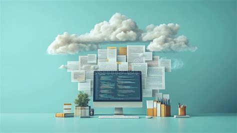 Creative Visualization Of Cloud Computing With Digital Documents Floating From A Cloud Above A