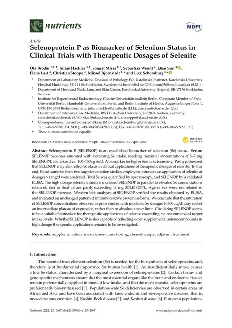 Pdf Selenoprotein P As Biomarker Of Selenium Status In Clinical