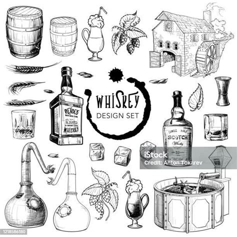 위스키 관련 디자인 요소 세트 바 펍 또는 증류소 브랜딩 및 장식에 유용합니다 위스키에 대한 스톡 벡터 아트 및 기타 이미지 위스키 증류소 배럴 Istock