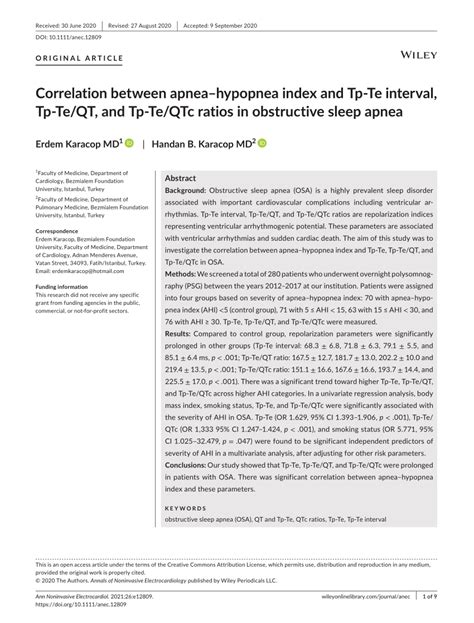 Pdf Correlation Between Apneahypopnea Index And Tp‐te Interval Tp