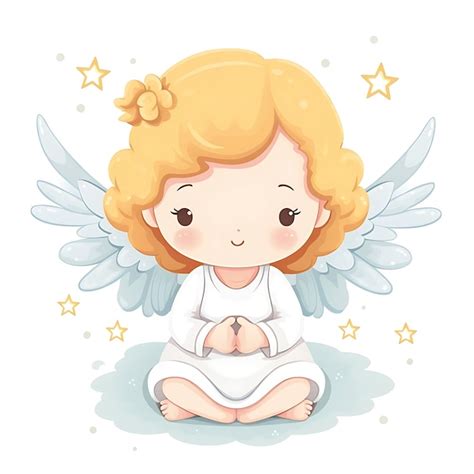 Cute Cartoon Angel Sitting With Folded Hands Against White Background