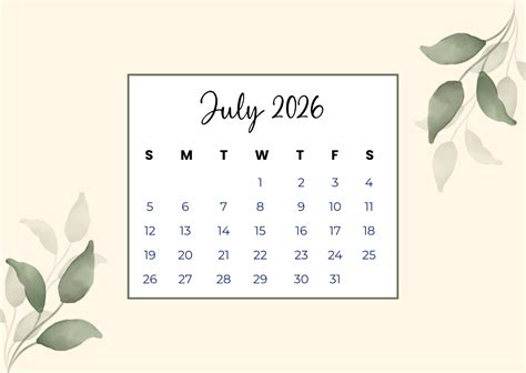 Free Beige Floral July 2026 Calendar Template To Edit Online