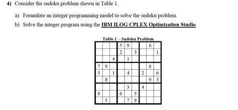 consider the sudoku problem shown in table 1 a formulate an