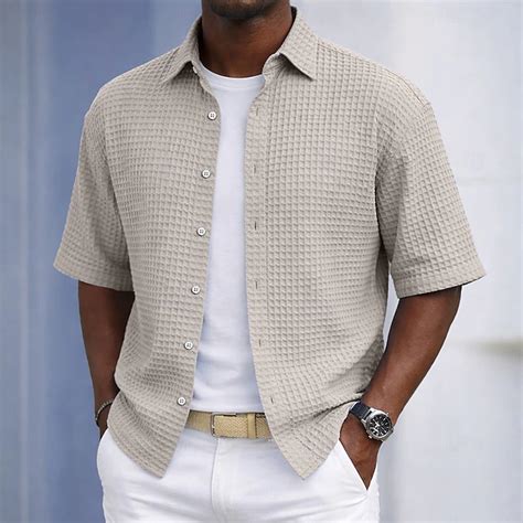 Mens Shirt Waffle Shirt Casual Shirt Button Up Shirt Navy Blue Short