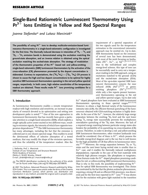 Pdf Single‐band Ratiometric Luminescent Thermometry Using Pr 3 Ions