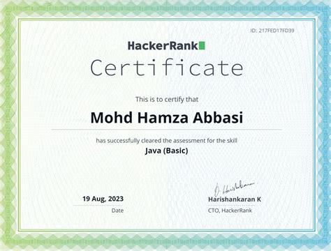 Mohd Hamza Abbasi On Linkedin Javabasics Hackerrank Certificationachieved