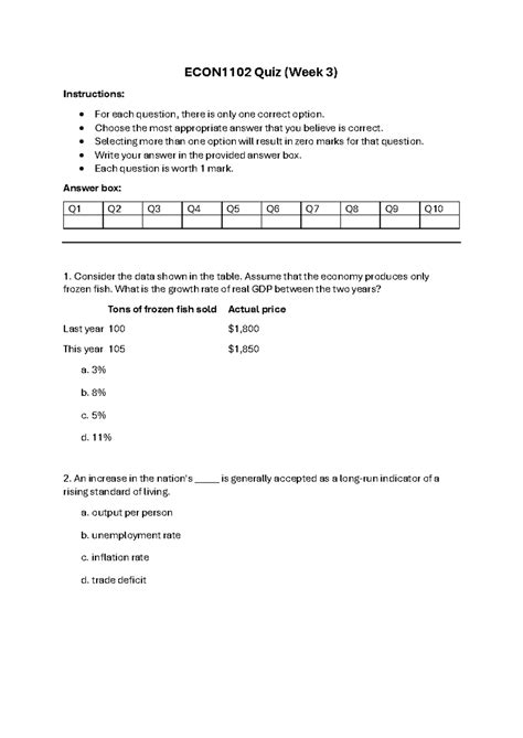 Macro In Tutorial Quiz 1 Econ1102 Quiz Week 3 Instructions For Each Question There Is