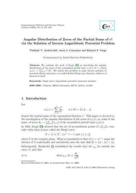 Angular Distribution Of Zeros Of The Partial Sums Of Ez Via The