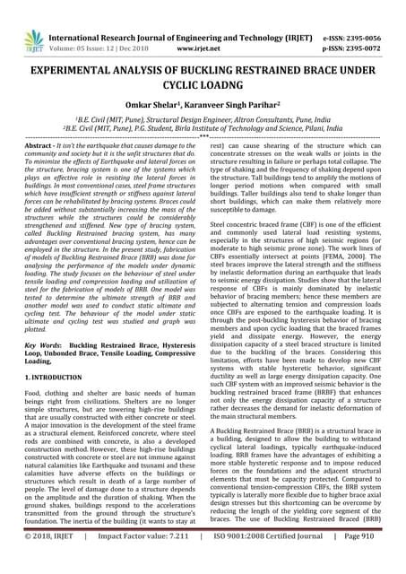 Irjet Experimental Analysis Of Buckling Restrained Brace Under Cyclic