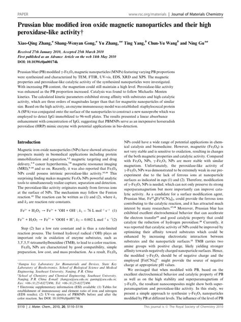 Prussian Blue Modified Iron Oxide Magnetic Nanoparticles And Their High Peroxidase Like Activity