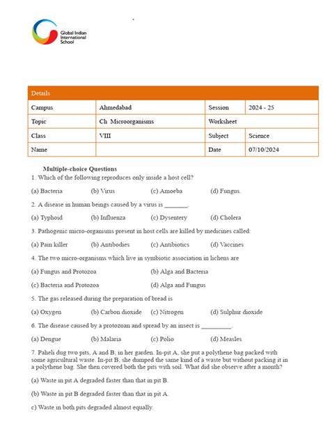 Class Viii Science Microorganisms Worksheet Pdf Microorganism
