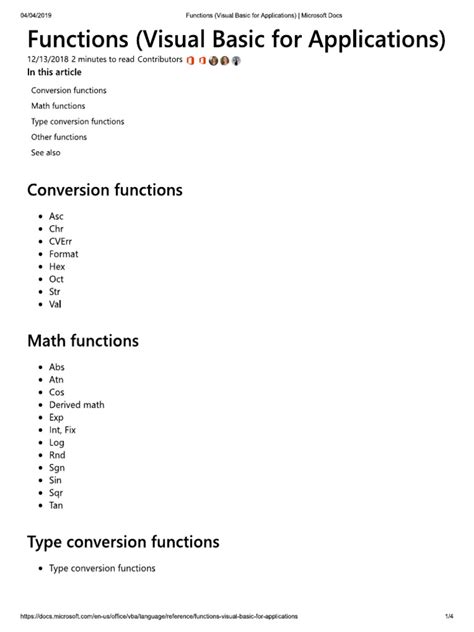 Functions Visual Basic For Applications Microsoft Docs Pdf Microsoft
