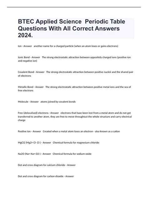 Btec Applied Science Periodic Table Questions With All Correct Answers 2024 Btec Applied