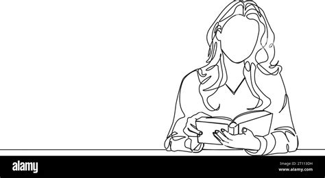 continuous single line drawing of woman sitting at table reading a book