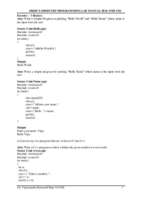 Pdf Object Oriented Programming Lab Manual R16 For Cse