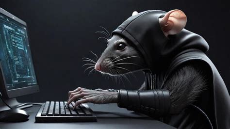 Premium Photo Rat With Black Clothes And Hood Working On A Computer